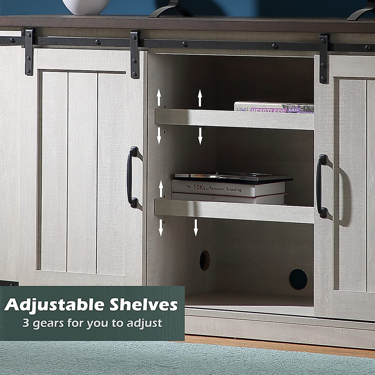 Asifom White Grey Modern Farmhouse Wood TV Stand for 65 Inch TV, Rustic TV Console Media Entertainment Center Table Living Room Storage Cabinet with Sliding Barn Door Adjustable Shelves