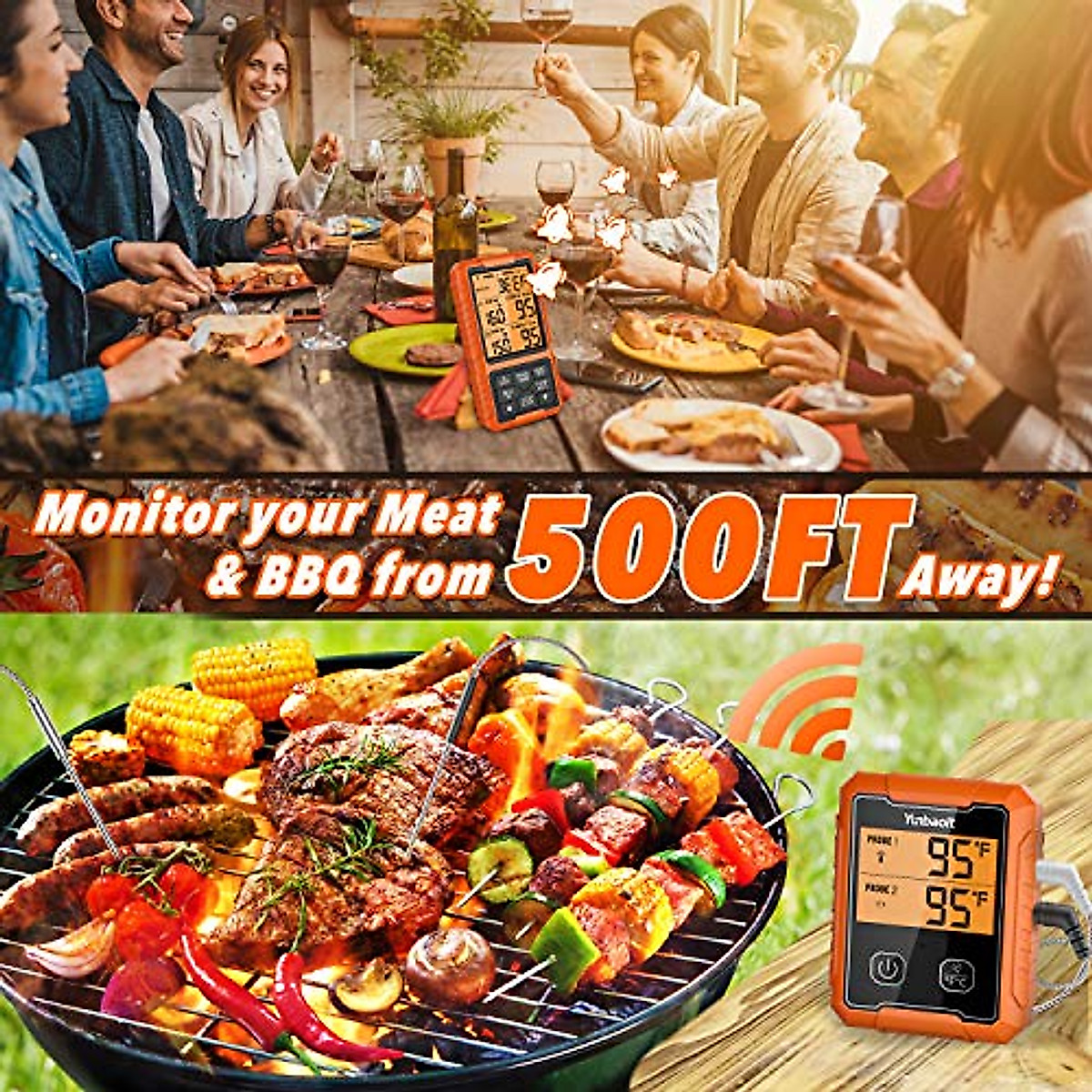 Wireless Meat Thermometer, Yunbaoit Digital Remote Food Cooking Meat Thermometer for BBQ Grill Smoker Oven Kitchen,500 FT Range&Dual Probes