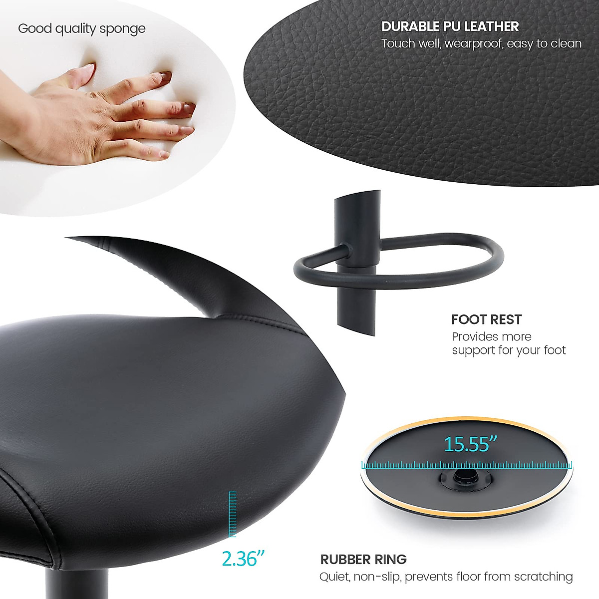 Vogue Furniture Direct Adjustable Bar Stools, Modern Cute PU Leather Swivel Barstools with Hollow Back, Airlift Counter Height Bar Chairs for Kitchen Dining Pub Cafe, Set of 2 (Black, Black Base)