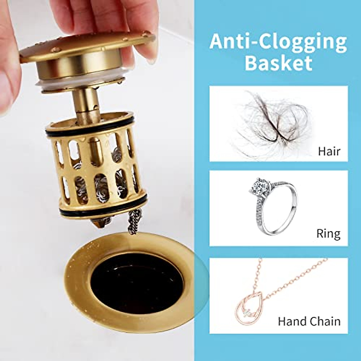 EAARSUO Bathroom Sink Pop Up Drain Without Overflow, Vessel Sink Drain with Detachable Filter Basket, Anti-Corrosion and Anti-Clogging Sink Pop Up Drain Stopper (Brushed Gold)