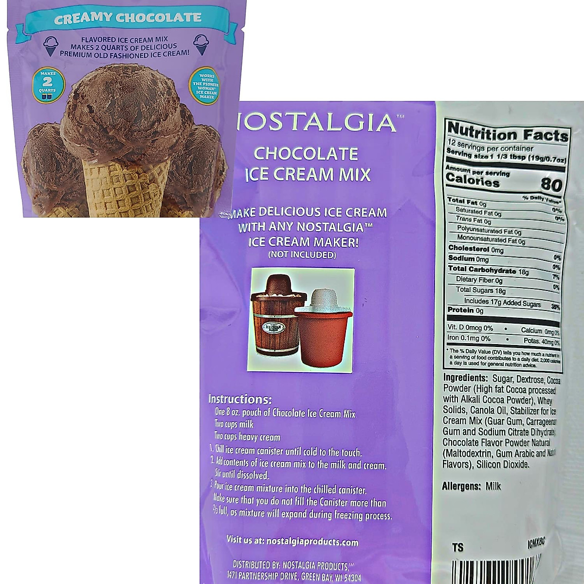 Ice Cream Maker Starter Pack Bundled with Nostalgia Ice Cream Maker Rock Salt (8lb), Vanilla Creme, Chocolate, Strawberry Flavored Ice Cream Mix Packets and Brightest Place Clean Up Cloth