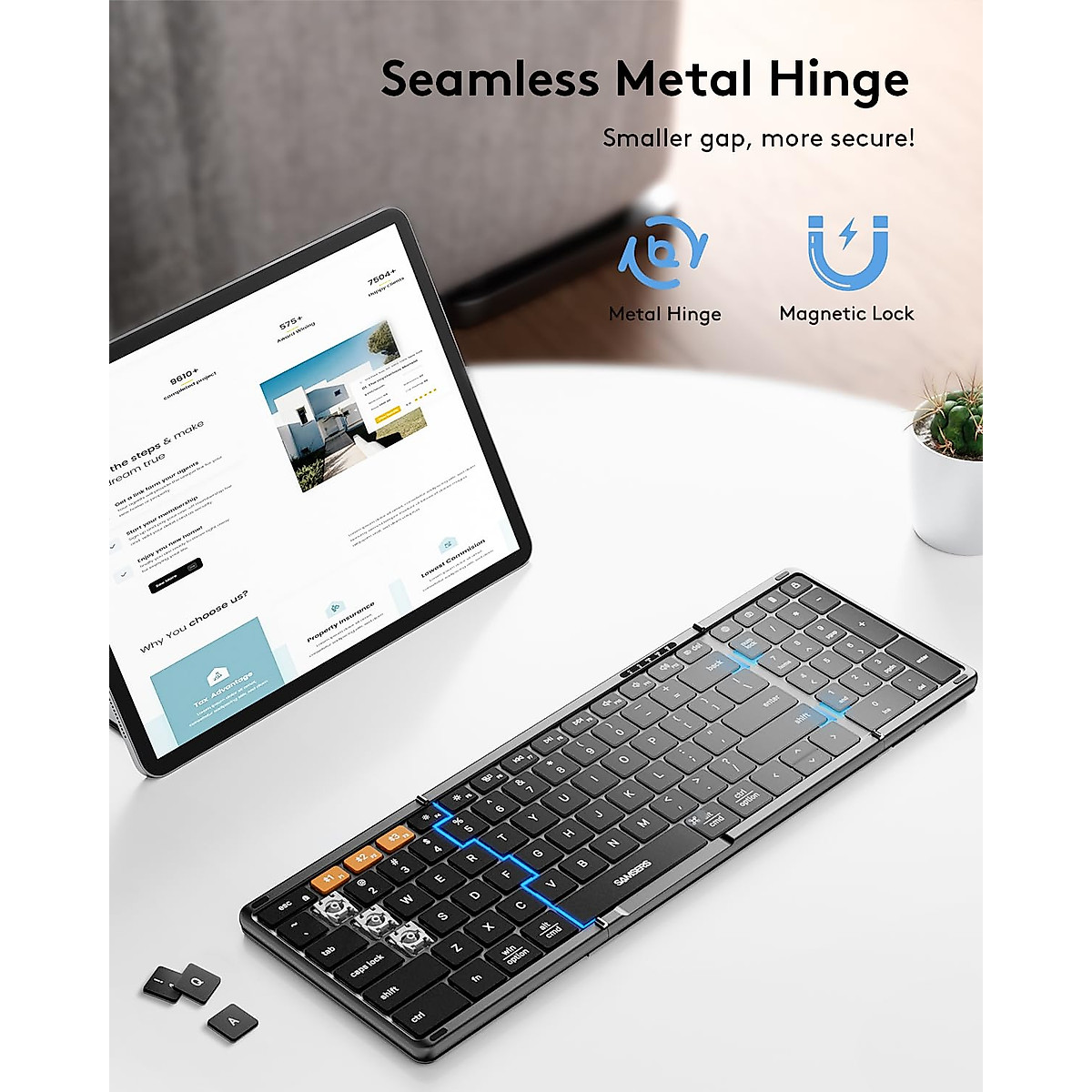 Samsers Foldable Bluetooth Keyboard With Numeric Keypad, Full-Size Wireless Folding PU Leather, Portable Travel for iOS Android Windows Mac OS, Support 3 Device(BT5.1 x 3)
