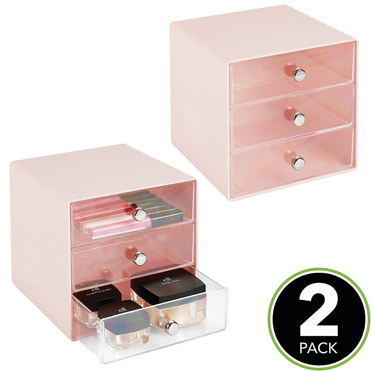 mDesign Plastic 3 Drawer Cosmetic Organizer - Stackable Storage Cube with Pull-Out Drawers for Bathroom Countertop, Vanity, Desk - Makeup Storage Drawers, Lumiere Collection, 2 Pack, Light Pink/Clear