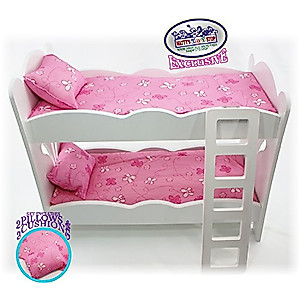 Matty's Toy Stop 18 Inch Doll Furniture White Wooden Bunk Beds with 2 Pink Pillows, 2 Pink Cushions & Ladder - Fits American Girl Dolls