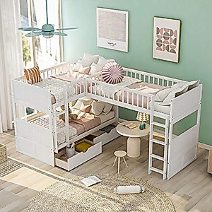 Flieks Triple Bed Twin-Over-Twin-Over-Twin Bed L Shaped Bunk Bed with 2 Drawers and 2 Ladders, No Box Spring Needed
