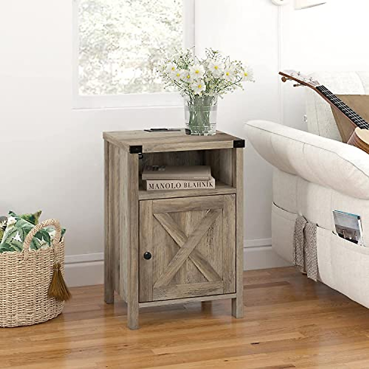 Farmhouse Nightstand Set of 2 with Charging Station,Industrial Bedside Table with Storage Living Room Bedroom Side Table End Table with Barn Door,Grey