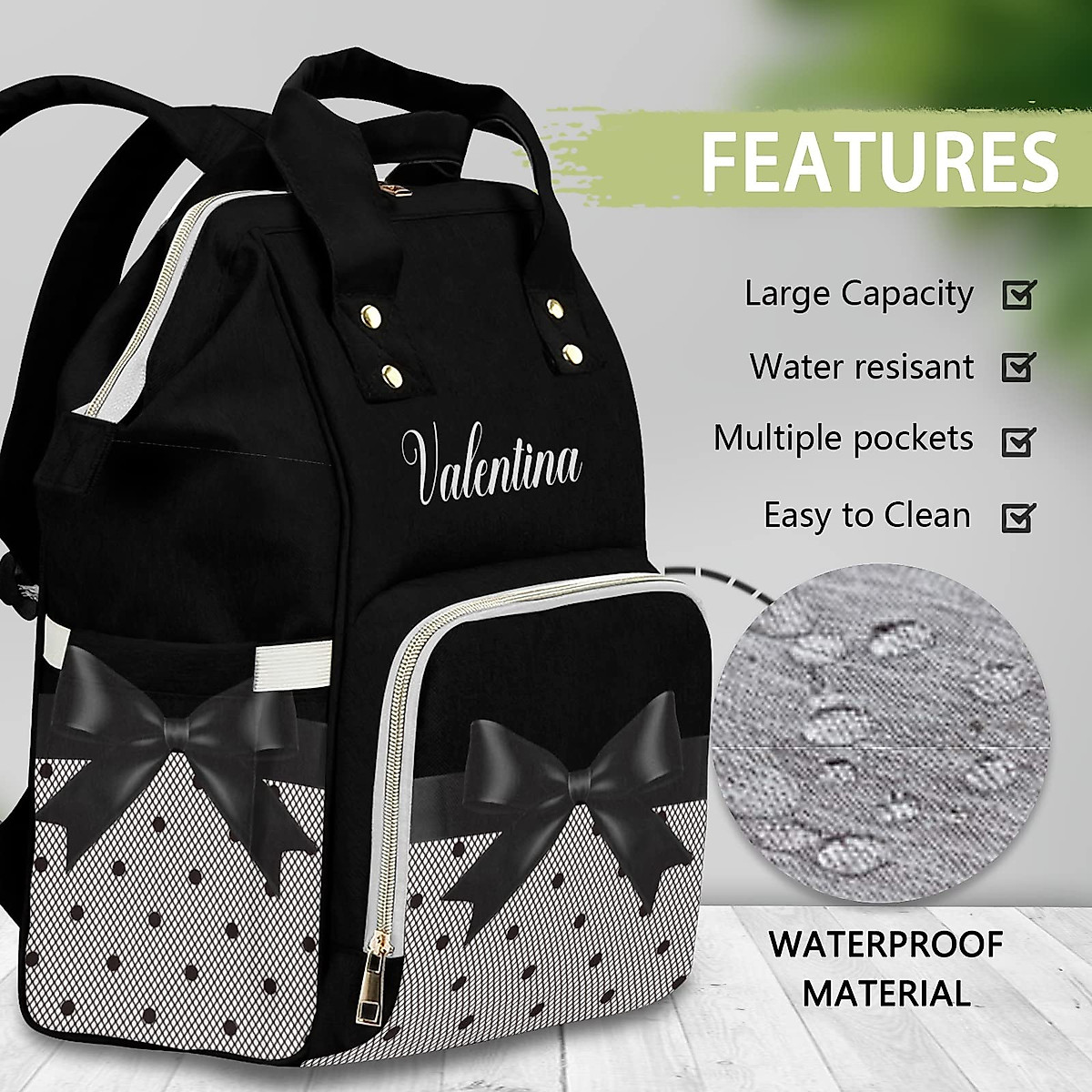 Personalized Diaper Bag Backpack Tote,Black Lace Bow,Custom Diaper Bags for Shower Gift