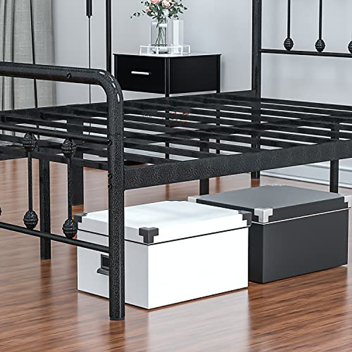 Noillats Metal Queen Bed Frame, Vintage Headboard and Footboard, Sturdy Steel Strip Support Mattress Base, No Box Spring Required, Easy to Assemble, Steel Grey