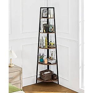 Pshelfy 5-Tier Corner Shelf, Rustic Corner Bookshelf Bookcase Multipurpose Corner Ladder Shelf Plant Stand for Living Room, Kitchen, Home Office Small Space (Brown)