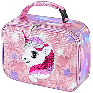 WERNNSAI Sequins Unicorn Lunch Box - Holographic Insulated Girls Lunch Bag for Kids Bento Back to School Picnic Preschool Kindergarten Lunch box Waterproof Reusable Thermal Lunch Tote Box