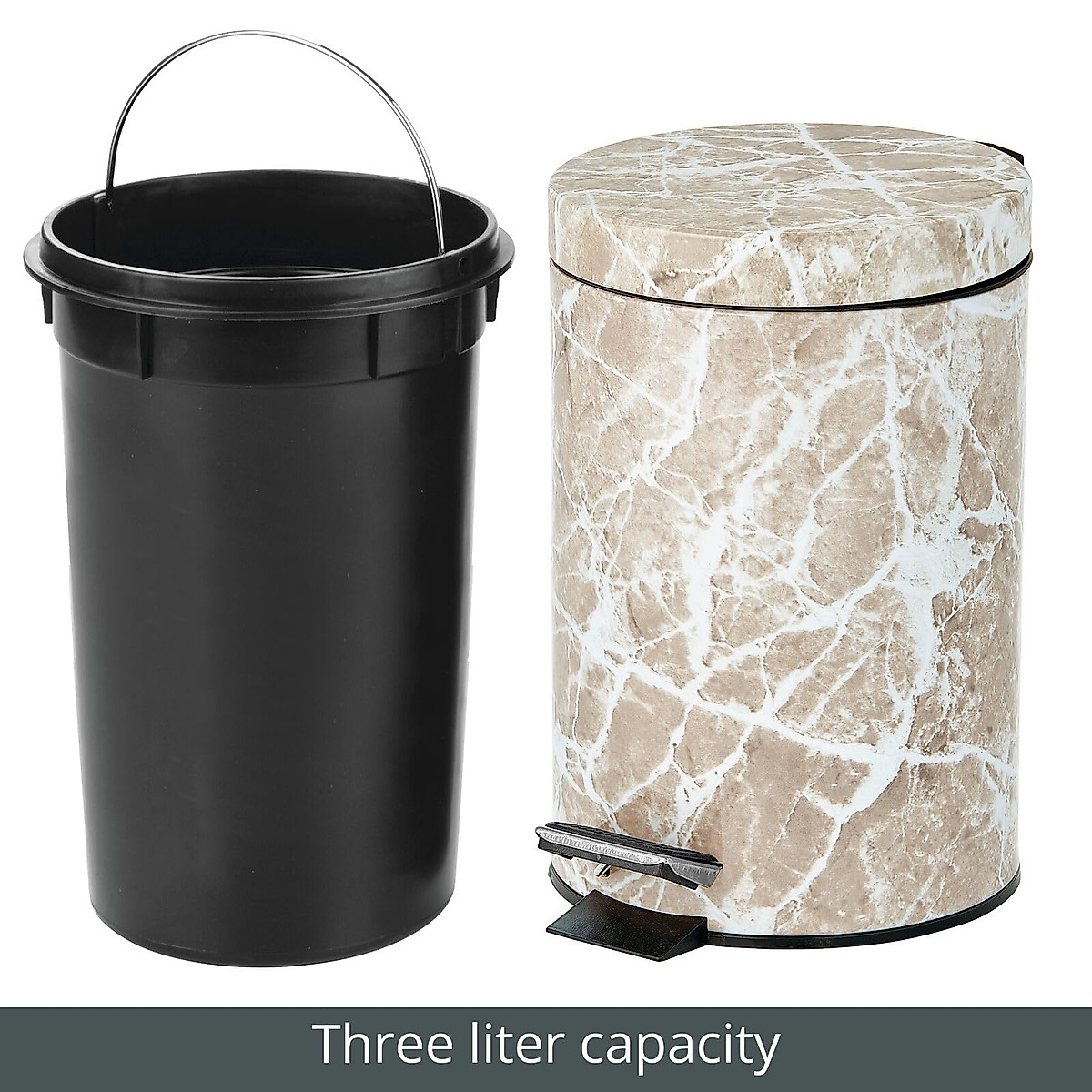 mDesign Small Modern 3-Liter / .7 Gallon Round Metal Lidded Step Trash Can, Compact Garbage Bin with Removable Liner Bucket and Handle for Bathroom, Kitchen, Office, Garage - Taupe Marble Print
