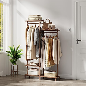KASLANDI Solid Wood Clothes Rack,Garment Rack for Hanging Clothes,Walnut Clothing Rack with Shelves,Portable Clothes Rack,Double Clothing Rack, Freestanding Clothing Rack for Entryway and Bed Room