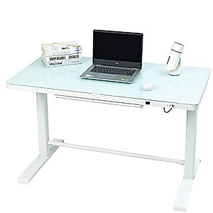 Lanxicat 46x24 Glass Electric Standing Home Office Desks Stand Up Desk Adjustable Height Desk with USB/Wireless Charging/Power Strip with Drawers (2Tempered Glass Top, White Frame, 46x24)
