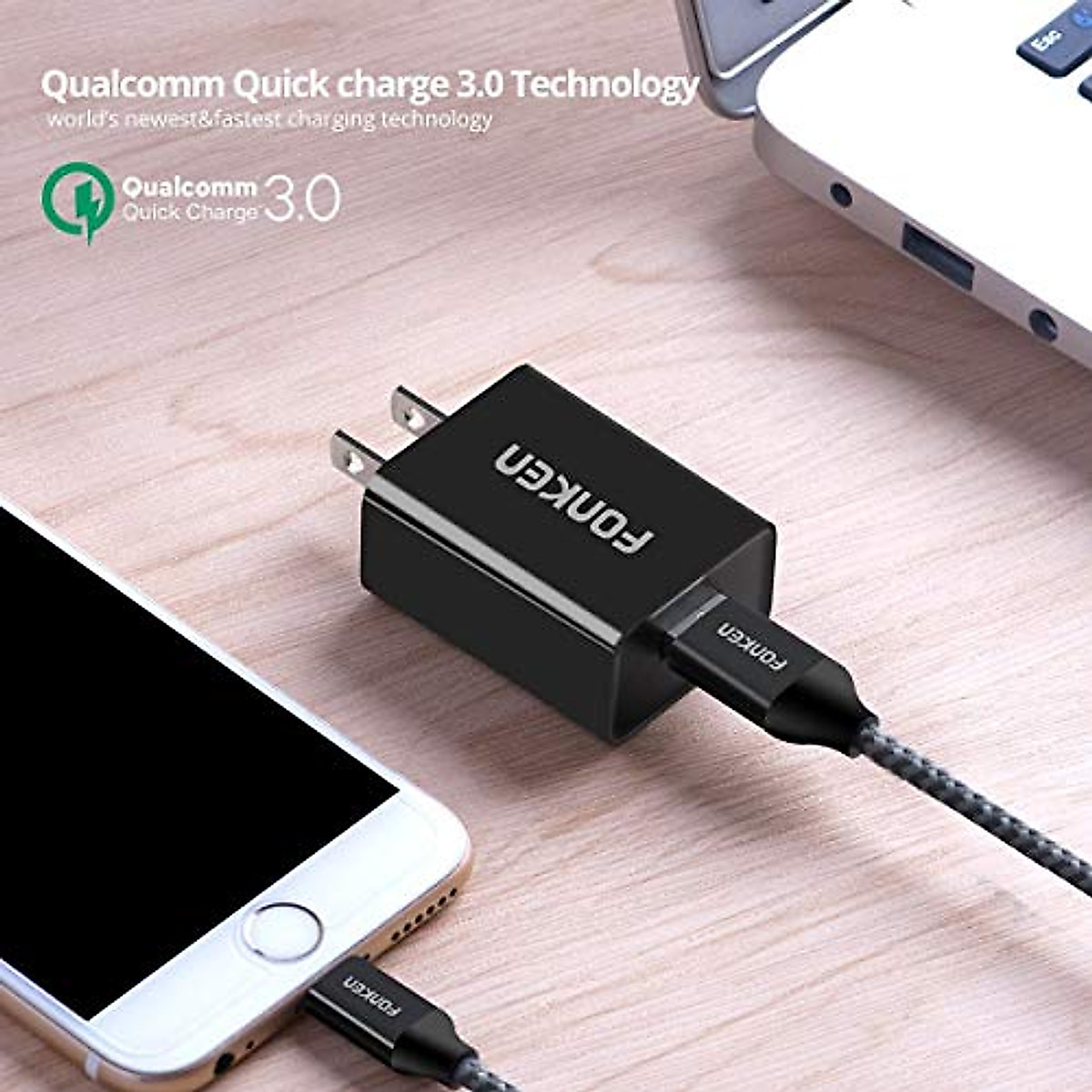 [3-Pack] Quick Charge 3.0, FONKEN 18W 3A USB Wall Charger QC 2.0/3.0 Adapter Fast Charger Block Compatible for Wireless Charger, iPhone iPad, Samsung S10/S9/S8/Note 9/8, LG G5, HTC 10 (Black)
