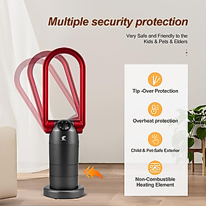 OceanLoong Space Heater & Bladeless Tower Fan All Season for Home, 1500W Eco Electric Heater with Adjustable Thermostat, Tip-Over Switch, Remote Control, Timer, Oscillating, Tilt Head, 29” Red, AB01