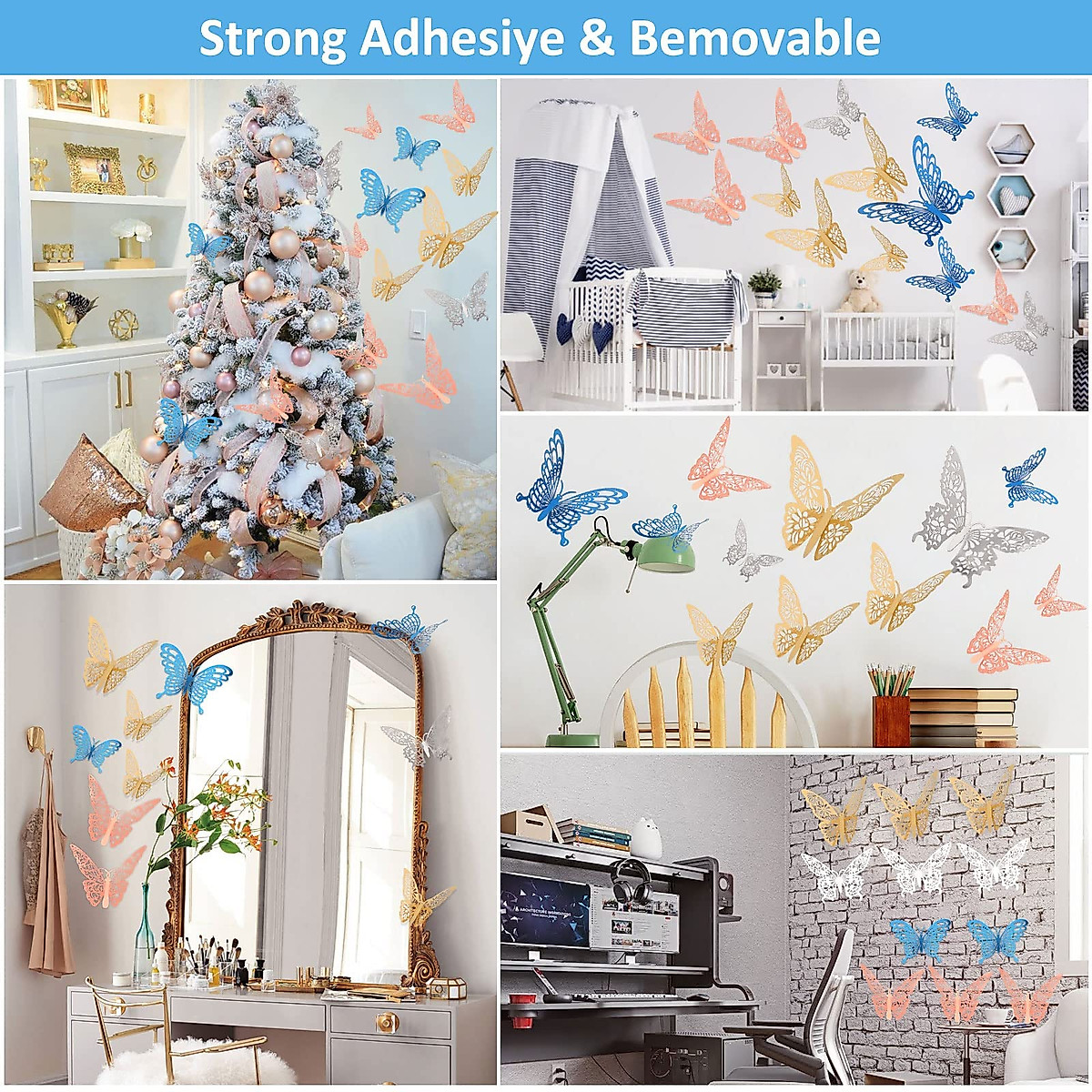 Butterfly Wall Decor 48pcs 3D Stickers Decoration, for Kids Baby Bedroom Paper Butterflies Gold Friendship Stickers Decor Teachers Office Classroom Party for Christmas Gifts Friends Stickers Set.