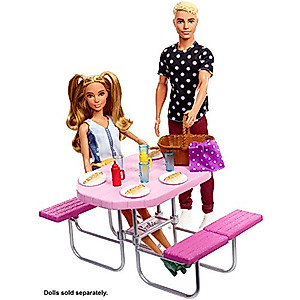 Barbie Outdoor Furniture, Pink Picnic Table with Adjustable Seats and Hot Dog Picnic for 4