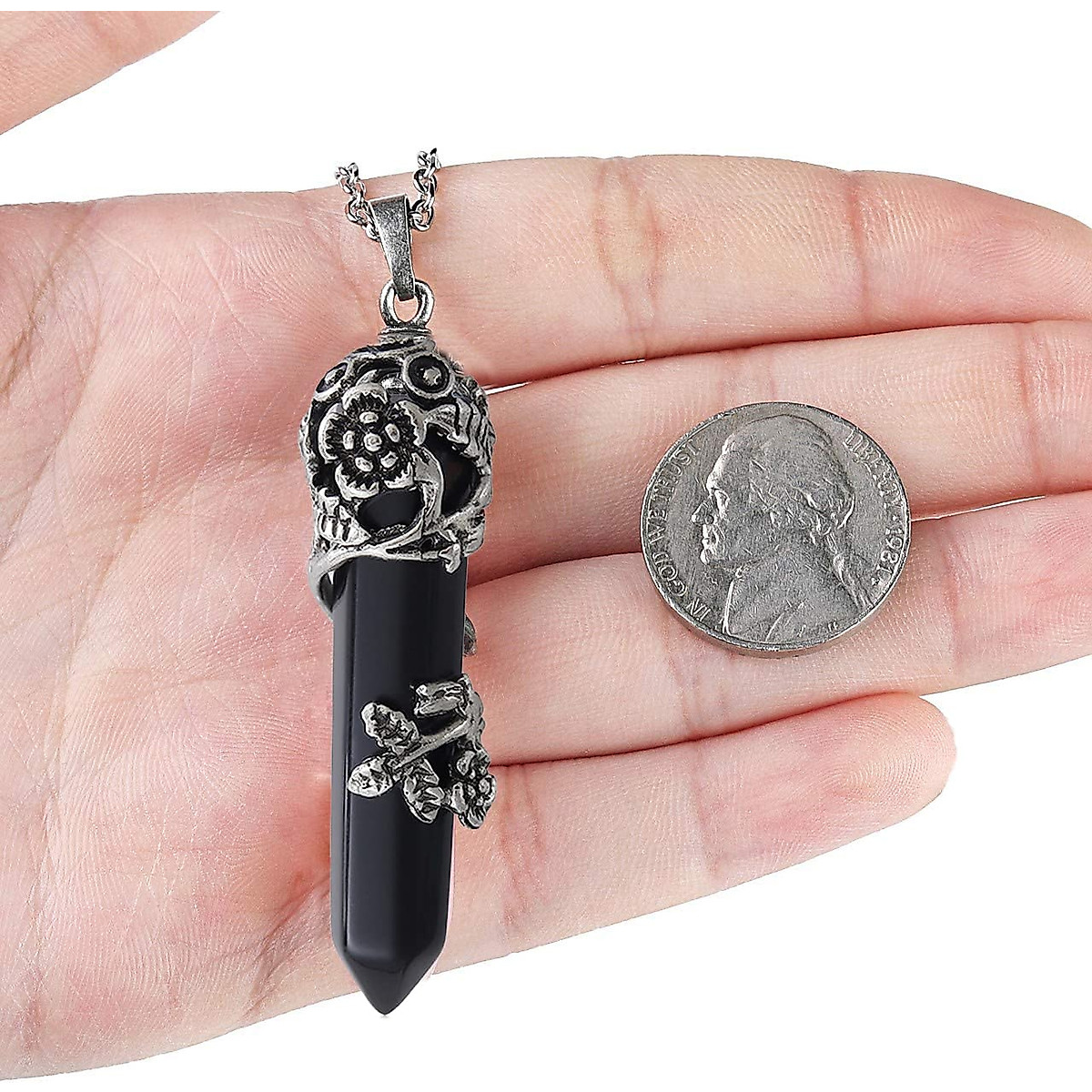 Crystal Necklaces for Women, Flower Wrapped Black Obsidian Crystal Point Pendant Necklace, Healing Crystal Stone Necklace for Spiritual
