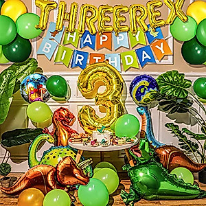 Dinosaur Birthday Party Decorations Supplies, 3 Years Old Boy Birthday Celebration Set Dinosaur Party Balloon Birthday Banner Dino Themed for Kid's Birthday Party, Gold Green