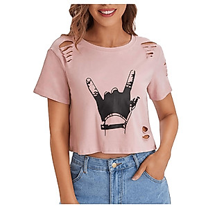 SweatyRocks Women's Short Sleeve T Shirt Graphic Print Distressed Crop Top Gesture Light Pink Small