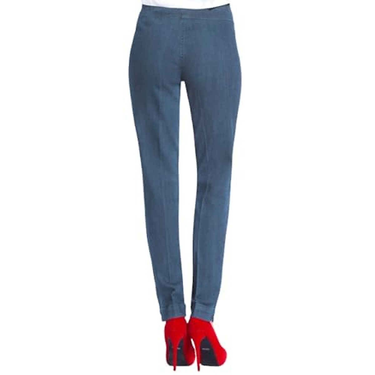 SLIM-SATION Women's Wide Band Regular Length Pull-on Straight Leg Pant with Tummy Control, Denim, 12