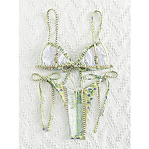 WDIRARA Women's Floral Print Tie Side Swimwear Straps Bikini Sets Swimsuits Green S