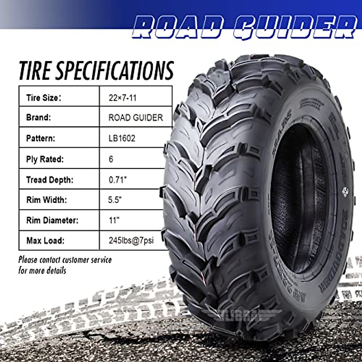 Set 2 Road Guider ATV Mud Tires 22x7-11 22X7X11 6PR 20mm deep tread for Honda Recon 250 Suzuki Ozark 250