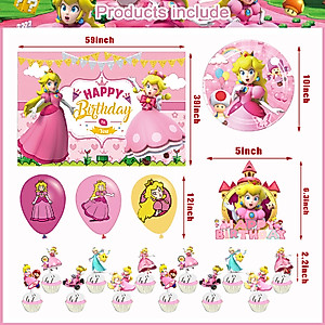 51 Pcs Princess Peach Birthday Party Decoration,Princess Peach Party Supplies Include Happy Birthday Backdrop,paper plates,cake toppers and latex balloons