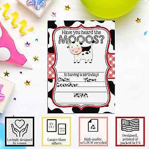 Heard the Moos Red Cow-Themed Birthday Party Invitations for Kids, 20 5x7 Fill In Cards with Twenty White Envelopes by AmandaCreation