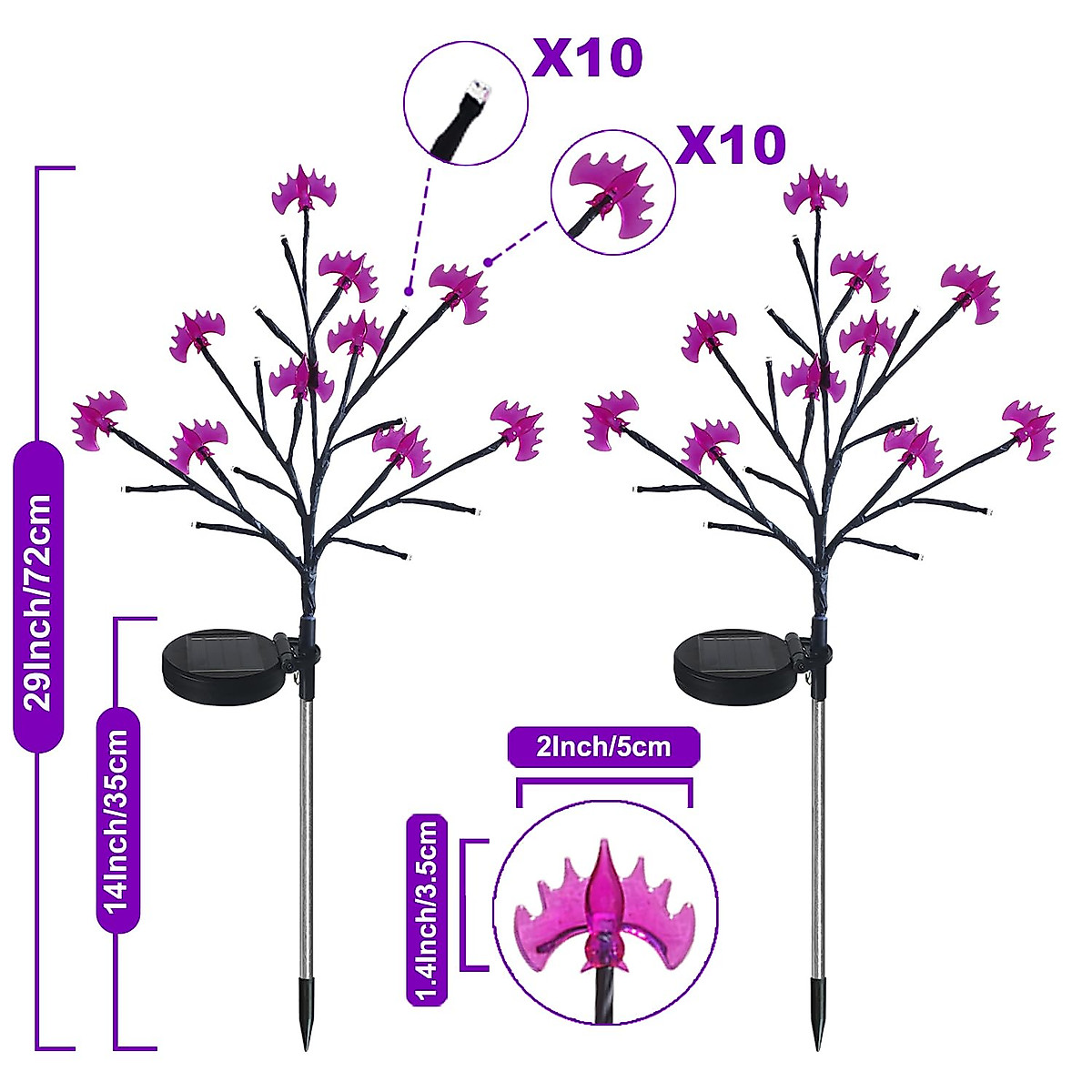2 Packs 40LEDs Solar Halloween Bat Stake Lights, 2 Modes Purple Halloween Bat Lights for Outdoor Halloween Decorations, Waterproof Solar Halloween Lights Stakes for Garden Yard Pathway Walkway