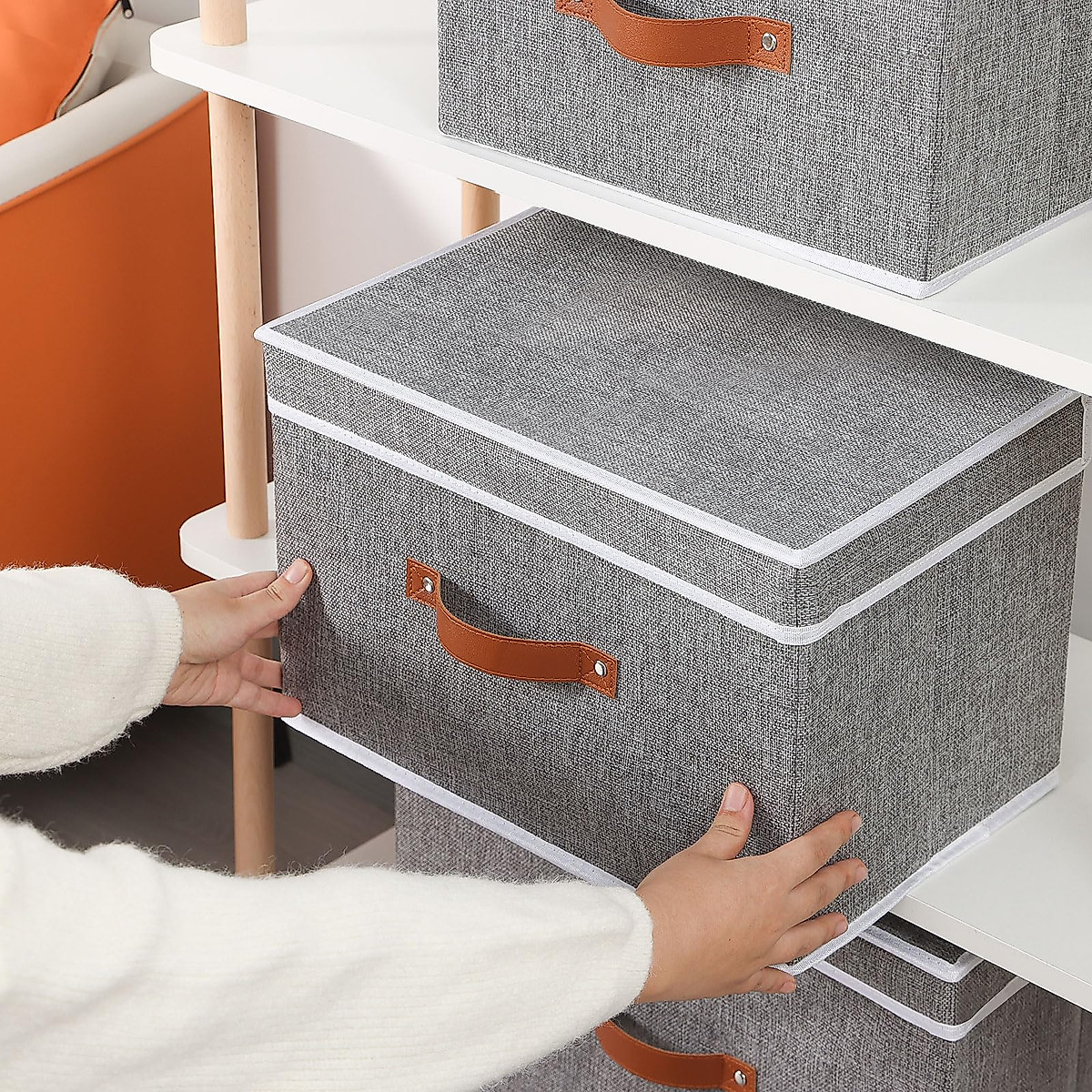 YheenLf Fabric Storage Bins with Lids, Linen Foldable Storage Boxes, Closet Storage Organizer Containers with Handles, Storage Cube for Bedroom, Grey, 1 Pack, 13 x 9.1 x 7.9 in