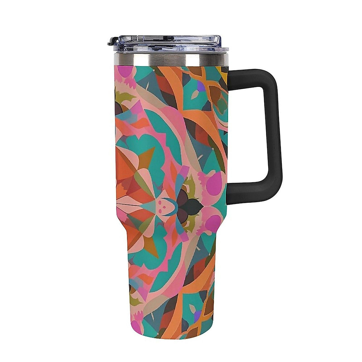 YTLKGFP 40 Oz Large Capacity Car Cup Colorful Bohemian Patterns Tumbler with Handle (Black) Straw Lid Insulated Stainless Steel Water Bottle Travel Mug Leak-proof Car Cup Keeps Cold Or Hot