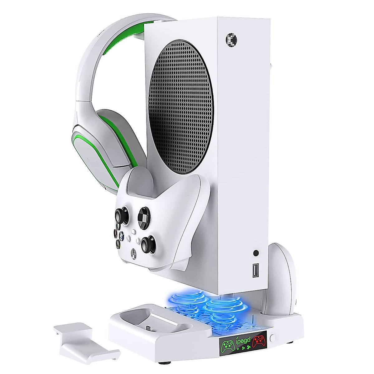 Vertical Cooling Stand with Suction Cooling Fan& Dual Controller Charger Station for Xbox Series S, Cooling Station with 3 Levels Adjustable Fan Speed Cooling System, Headset Stand and Extra USB Ports