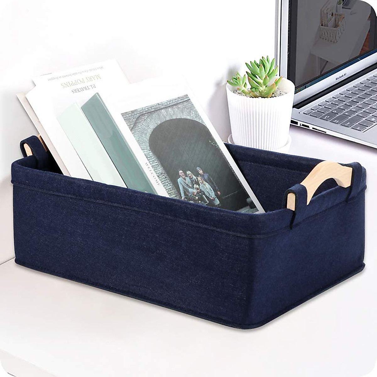 shlutesoy Home Collapsible Handles Books Clothes Toys Storage Basket Organizer Holder Bin - Purplish Blue L