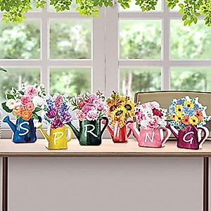 6 Pieces Spring Wood Block Signs Wooden Tabletop Spring Signs Spring Decor Flowers Decor Tiered Tray Decorations Watering Can Spring Table Centerpiece Wall Pediments for Home Farmhouse Tabletop