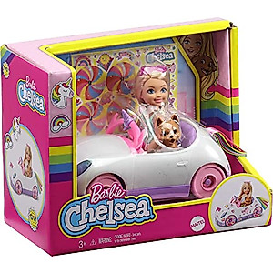 Barbie Chelsea Doll & Unicorn Toy Car, Blonde Small Doll in Removable Skirt, Pet Puppy, Sticker Sheet & Accessories