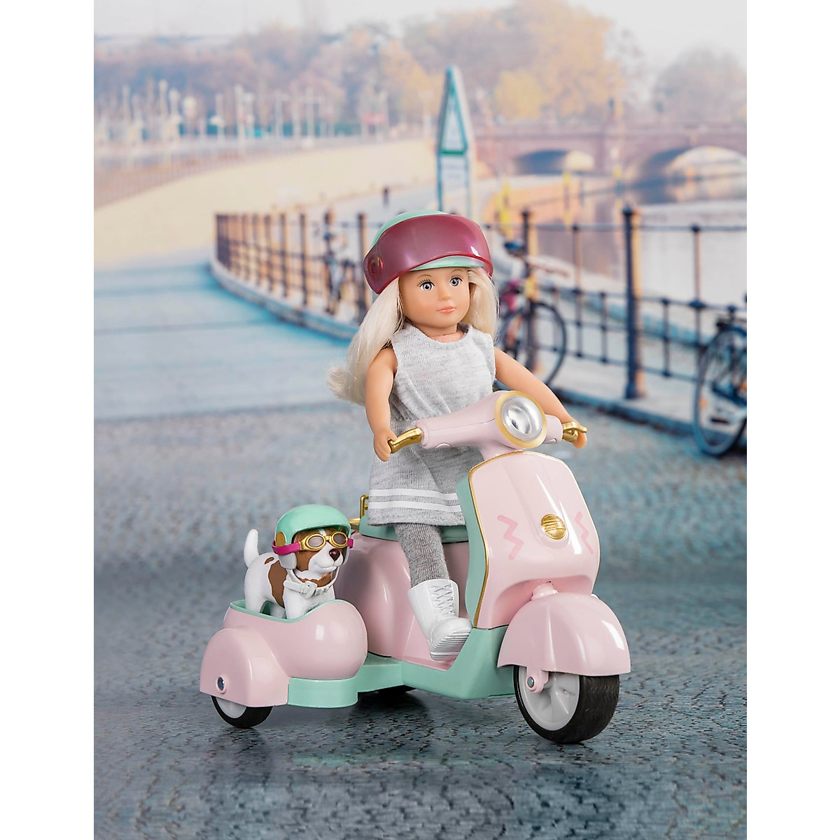 Lori Dolls – Toy Scooter for Mini Dolls – Vehicle with Accessories – Toy Dog with Helmet & Goggles – Working Lights & Sounds – Let’s Go for a Spin Scooter – 3 Years +