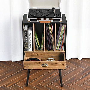 Record Player Stand, Turntable Stand with 4 Cabinet and Drawer, Mid-Century Modern Vinyl Record Storage Stand with Wood Legs, Vinyl Storage 140 LPs, Record Player Table for Living Room Bedroom