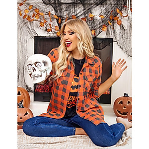Zeagoo Womens Tartan Plaid Flannel Shirts, Roll up Sleeve Casual Boyfriend Button Down Gingham Checkered Shirt, Orange, X-Large