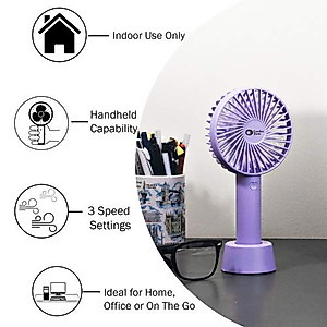 Comfort Zone CZPF402PL 4” 3-Speed Handheld Rechargeable Fan - Lithium Ion Battery Operated, Micro USB Cable - Powerful, Mini Hand Fan - Lightweight, Purple