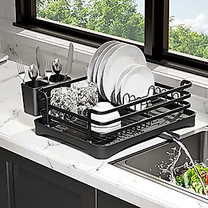 HOWDIA Dish Drying Rack, Aluminum Rust Proof Dish Rack with Swivel Spout Drying Tray, Removable Cutlery Holder for Kitchen Counter