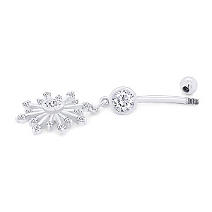 AFFY Round Shape Sparkling White Cubic Zirconia Snowflake Belly Button Navel Ring in 14K White Gold Over Sterling Silver