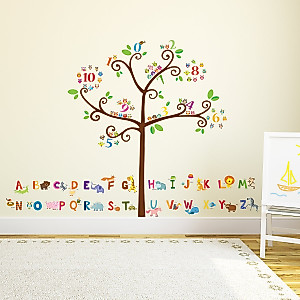 DECOWALL DA-1503 Animal Alphabet ABC and Owl Numbers Tree Kids Wall Stickers Wall Decals Peel and Stick Removable Wall Stickers for Kids Nursery Bedroom Living Room décor