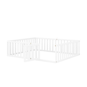 Harper & Bright Designs Queen Floor Bed for Kids, Montessori Bed Frame with Guardrails and Door, Wooden Floor Queen Bed for Kids, Boys Girls(Queen Size, White)