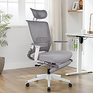 Foldable Ergonomic Office Chair, High Back Desk Chair with Footrest, Mesh Back Computer Chair with 2D Headrest, 2D Armrest, Adjustable Lumbar Support, Soft Sponge Seat, Swivel Task Chair, Gray