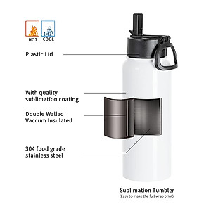 PYD Life Sublimation Water Bottle Blanks Sports Tumbler Cups White 30 OZ Wide Mouth Stainless Steel Vacuum Flask with Straw and Portable Handle for Cricut Mug Press and Tumbler Press Print 2 Pack