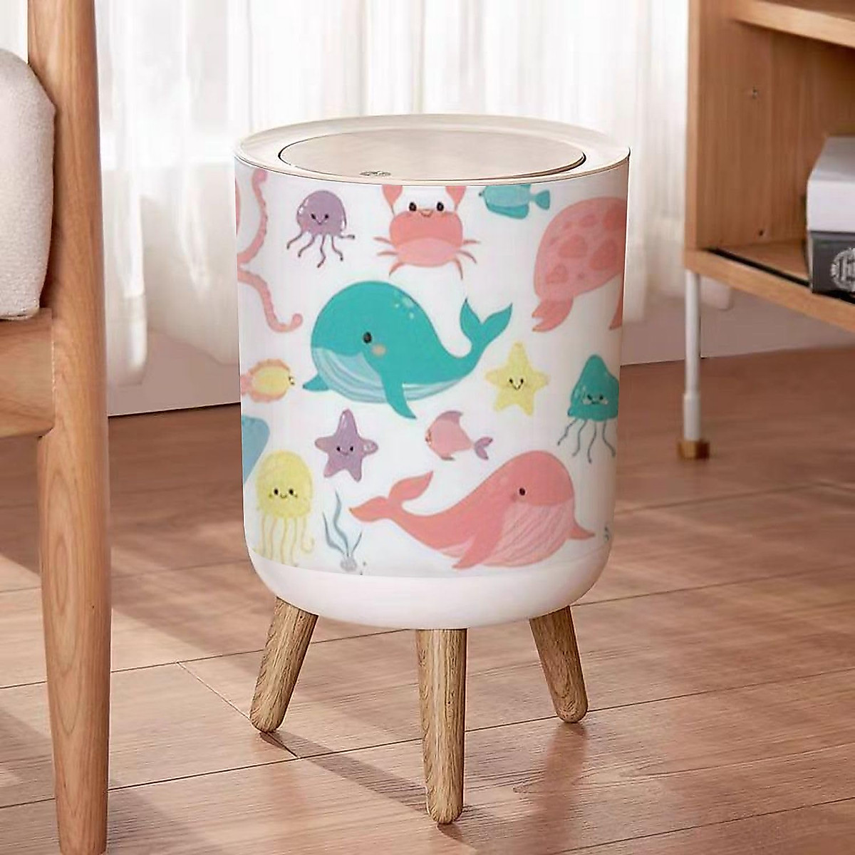 LGCZNWDFHTZ Small Trash Can with Lid for Bathroom Kitchen Office Diaper Cute Set sea Animals Collection Fish Crab Jellyfish Stingray Bedroom Garbage Trash Bin Dog Proof Waste Basket Cute Decorative