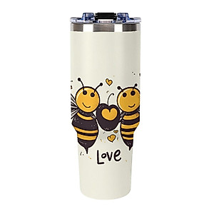 FHENMSA 40 Oz Insulated Coffee Mug Tumbler with Handle,Bee Love Honey Print Insulated Tumbler,Stainless Steel Travel Mug with Lid And Straw