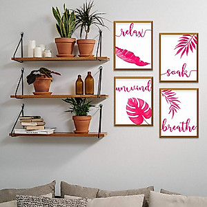 Pink Bathroom Decor - Relax, Soak, Unwind, Breathe Leaves Wall Art - Set of 4 8 x 10 Unframed Prints - Yoga Studio Art - Spa Decorative Photos - Home,Office,Classroom,Dorm Palm Tree Leaf Monstera