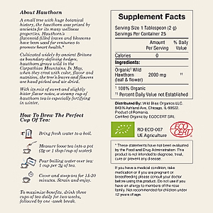 Organic Hawthorn Loose Leaf and Flower Tea - Caffeine Free Herbal Tea - Pharmacopoeia Potency - 1.76 Oz - 25 Servings